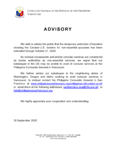 Advisory - Canada-US Border Restriction - Vancouver Philippines ...