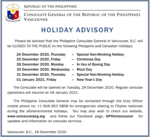HOLIDAY ADVISORY - Vancouver Philippines Consulate General