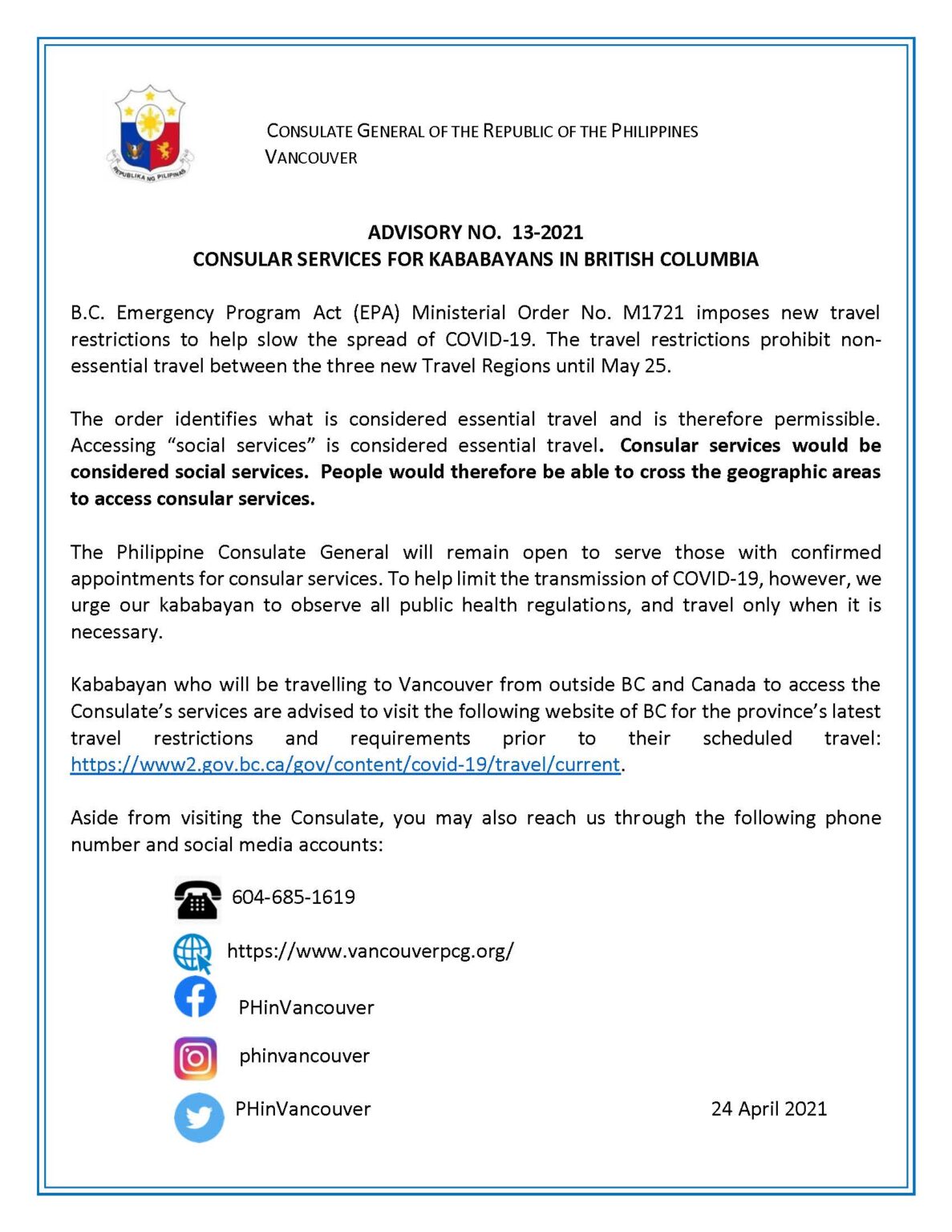 Advisory No. 13-2021: Consular Services For Kababayans in British ...