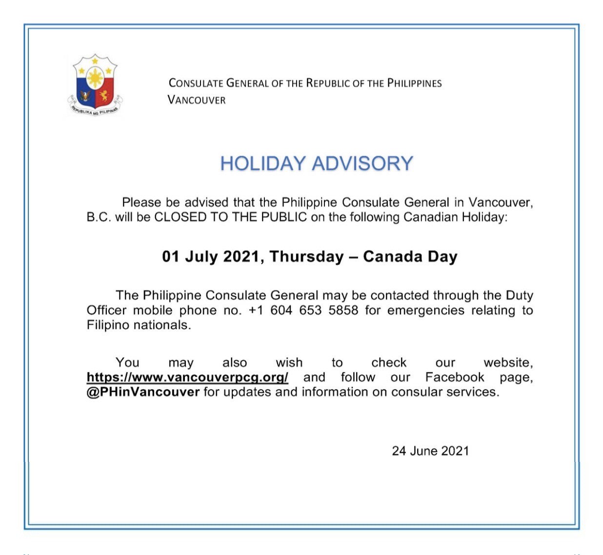 Holiday Advisory: 01 July 2021, Thursday - Canada Day - Vancouver ...