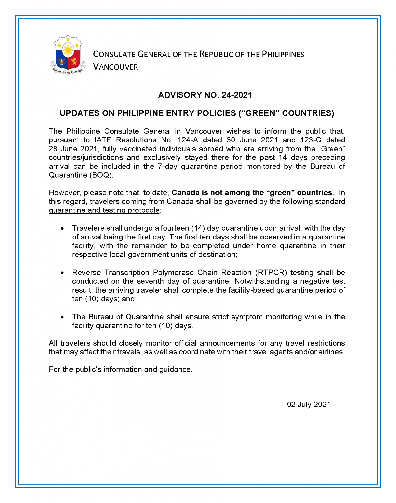 ADVISORY NO. 24-2021: Updates on Philippine Entry Policies ("Green ...