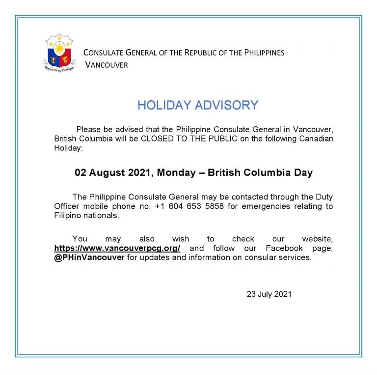 HOLIDAY ADVISORY: 02 August 2021, Monday - British Columbia Day ...