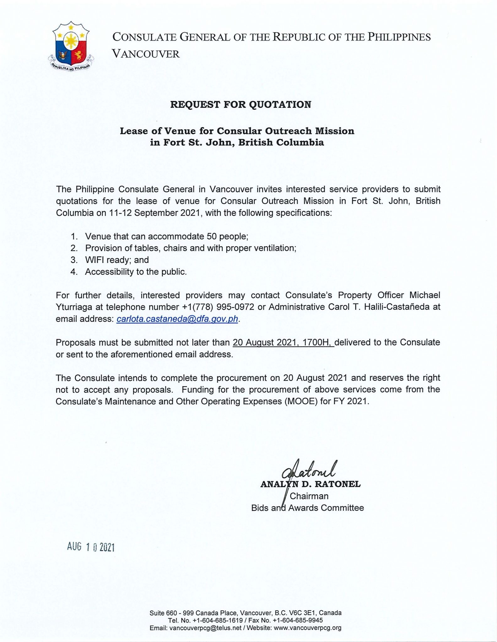 REQUEST FOR QUOTATION - Vancouver Philippines Consulate General