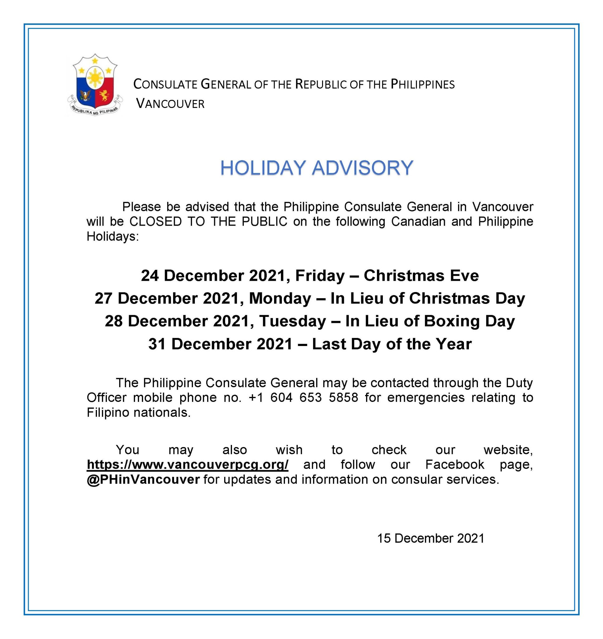 HOLIDAY ADVISORY - December 2021 - Vancouver Philippines Consulate General