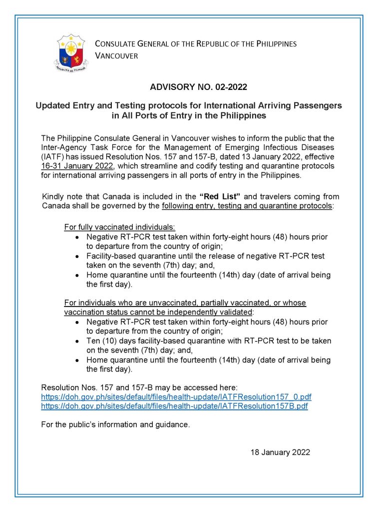 ADVISORY NO. 02-2022: Updated Entry and Testing protocols for ...