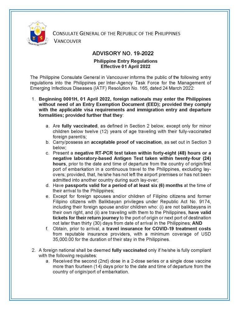 ADVISORY NO. 19-2022: Philippine Entry Regulations Effective 01 April ...