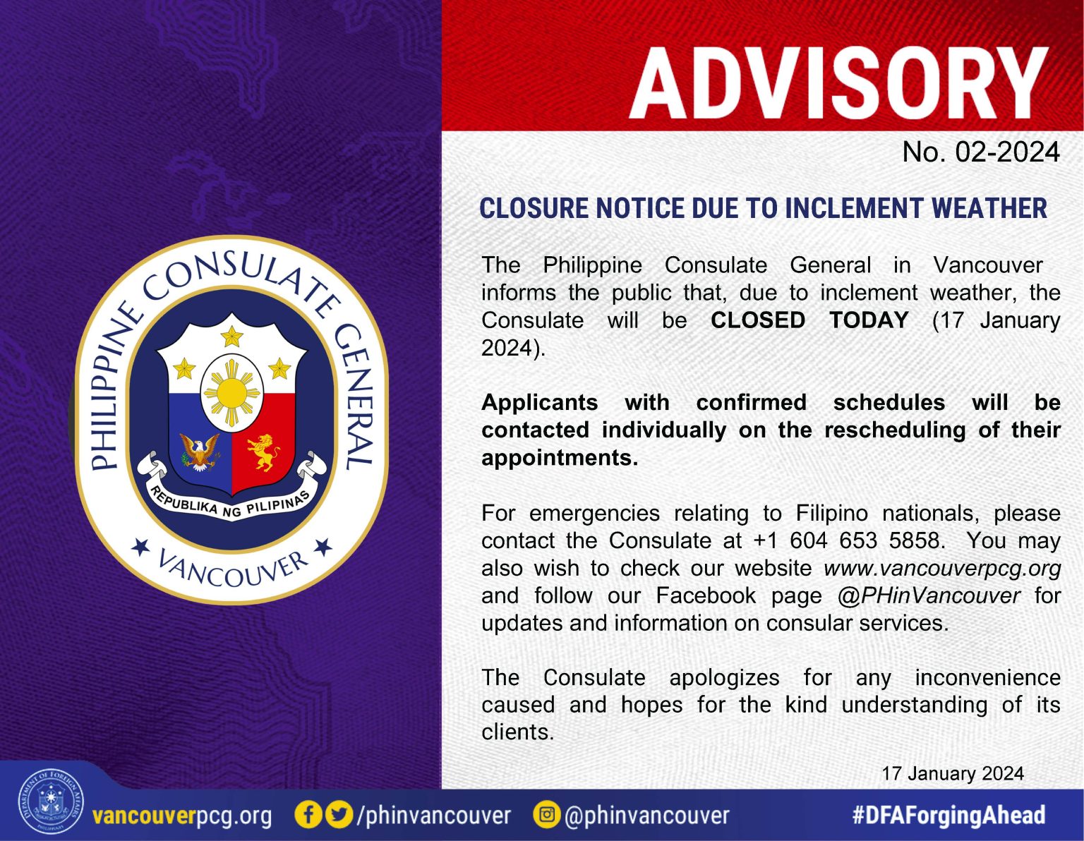 ADVISORY NO. 2-2024: CLOSURE NOTICE DUE TO INCLEMENT WEATHER ...