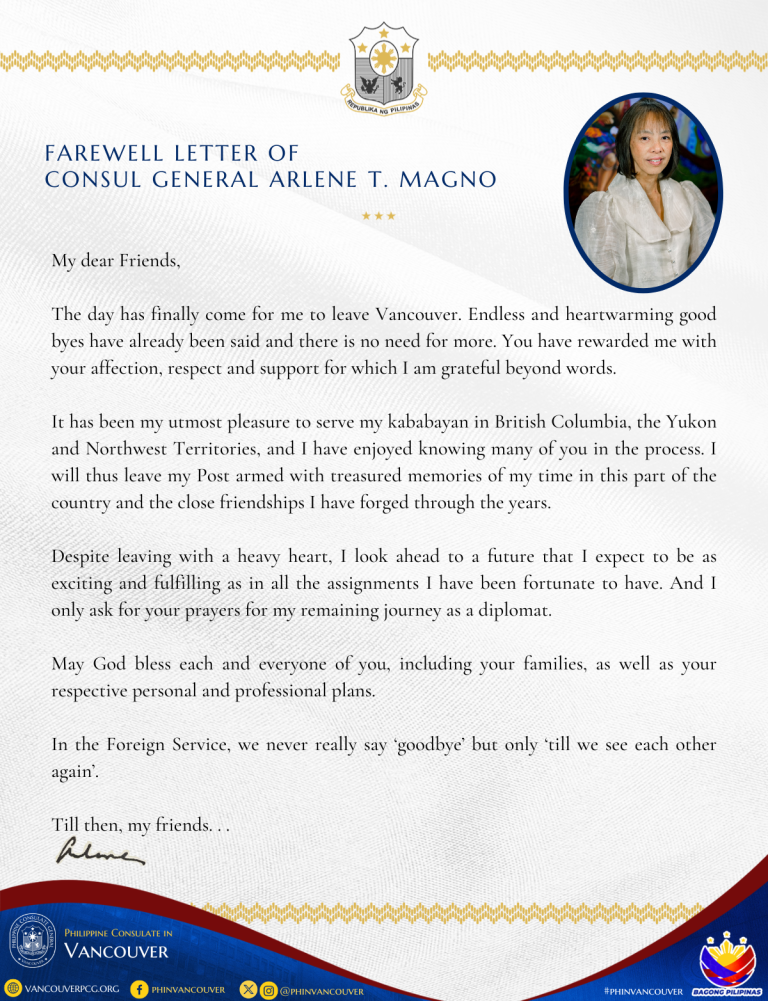 Farewell Letter of Consul General Arlene T. Magno - Vancouver ...