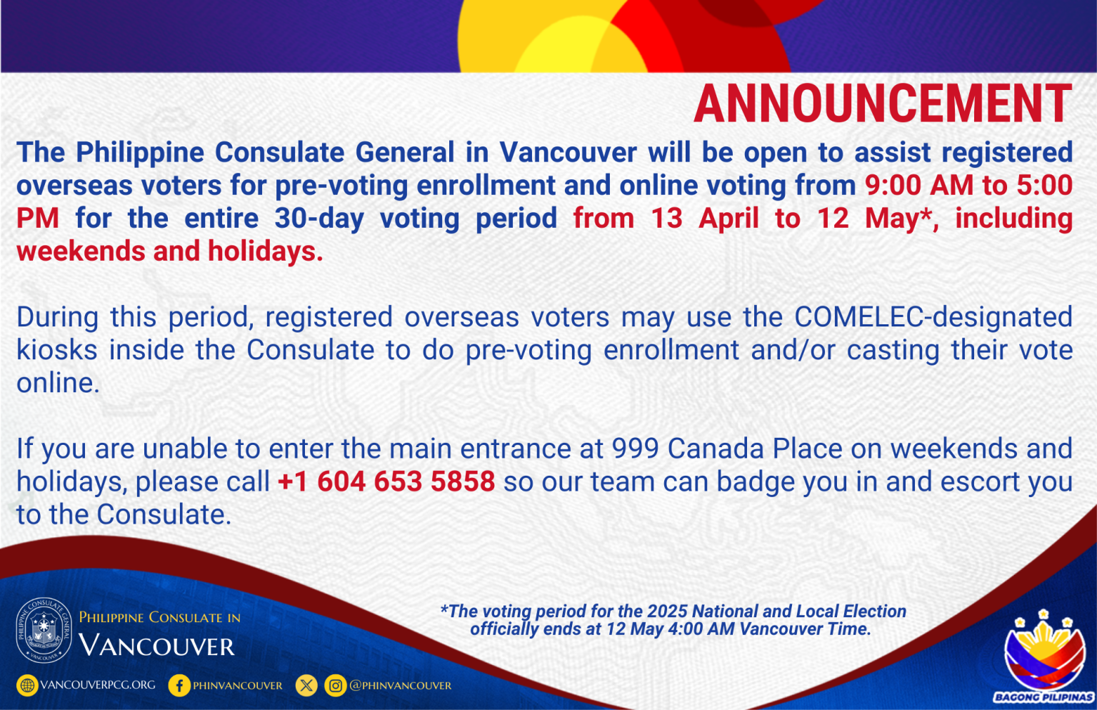 Assistance for Registered Overseas Voters during weekends and holidays ...